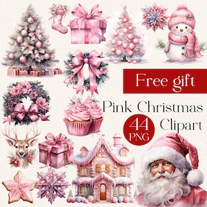 44 Watercolor Pink Christmas Clipart, Winter Graphics, Christmas Winter ...