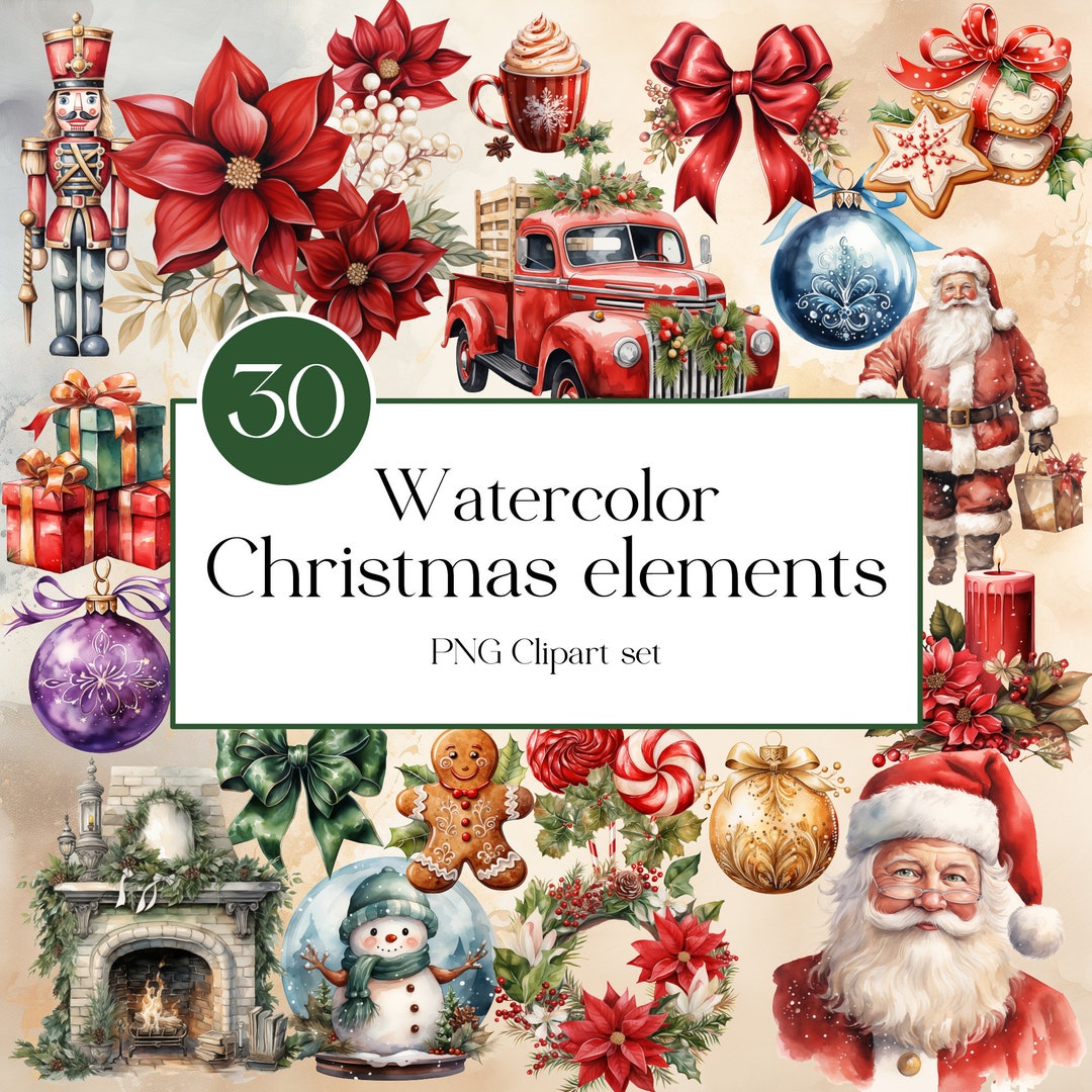 Watercolor Christmas Clipart, Christmas PNG, Holiday Clipart, Set of ...