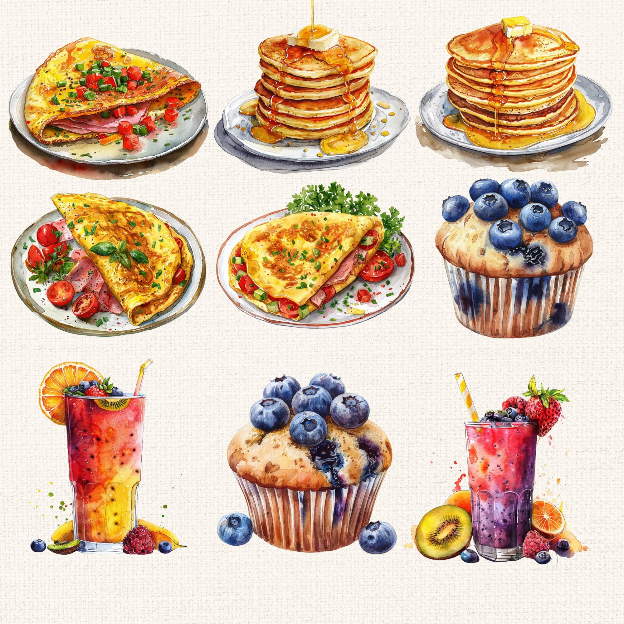59 Watercolor Breakfast Food Clipart, Scrapbook, Junk Journal, Pancake ...