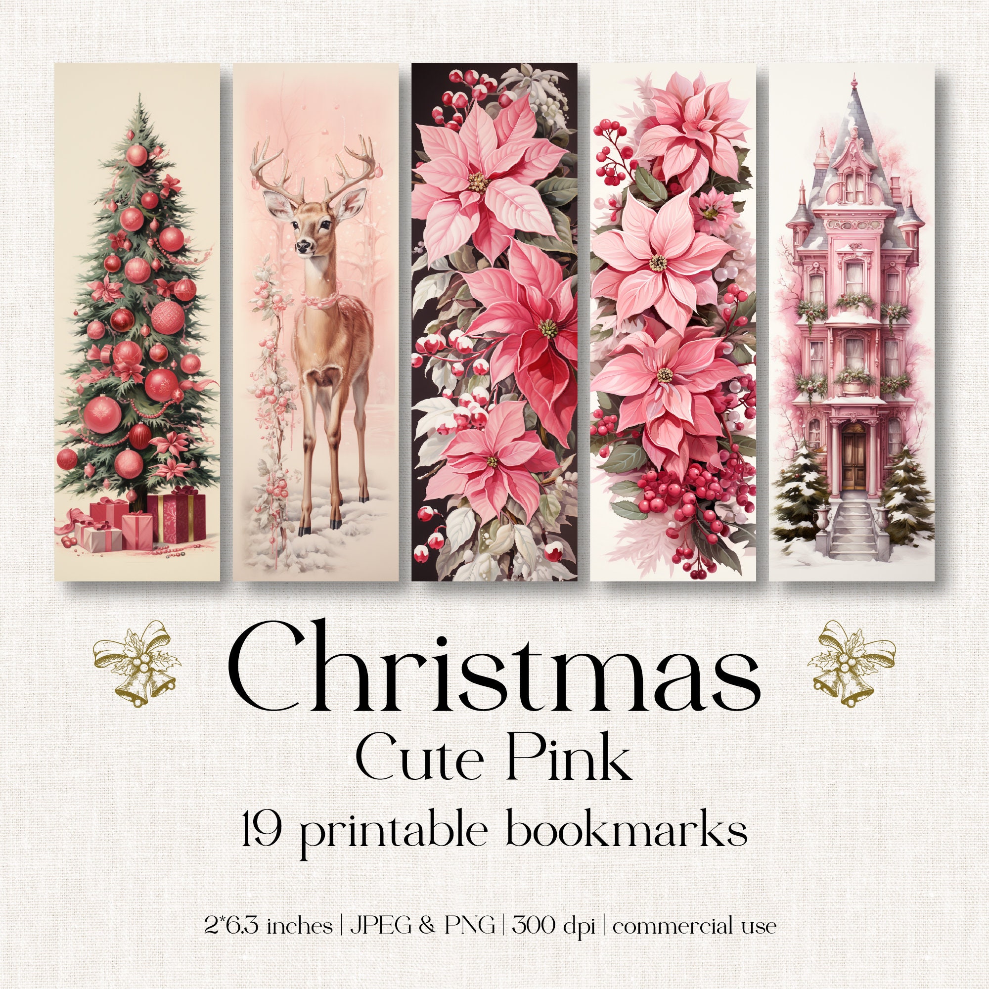 19 Cute Printable Pink Christmas Bookmarks, JPG and PNG Bookmark Set ...