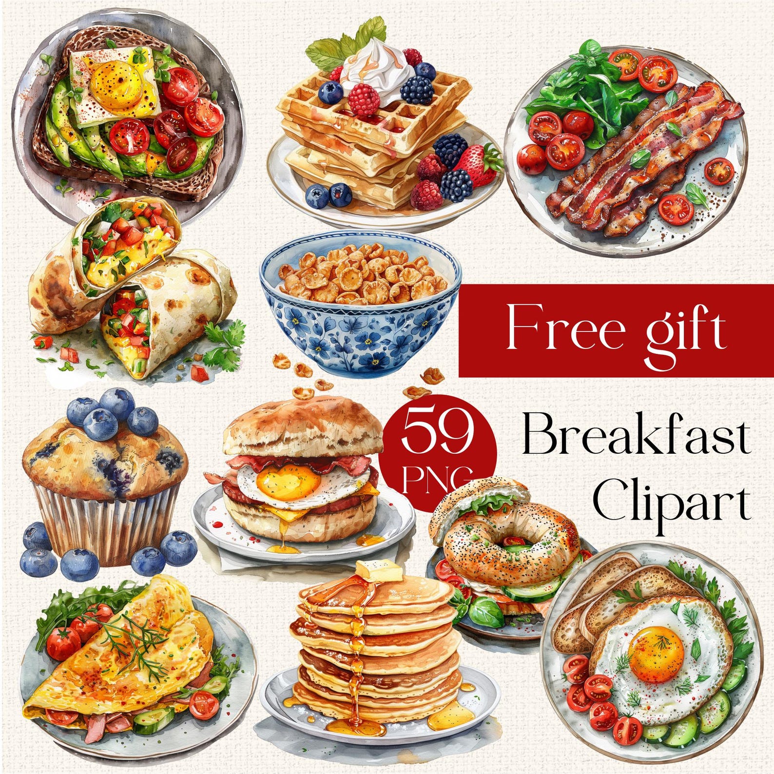 59 Watercolor Breakfast Food Clipart, Scrapbook, Junk Journal, Pancake ...