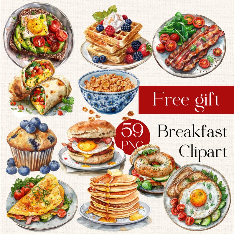 59 Watercolor Breakfast Food Clipart, Scrapbook, Junk Journal, Pancake ...