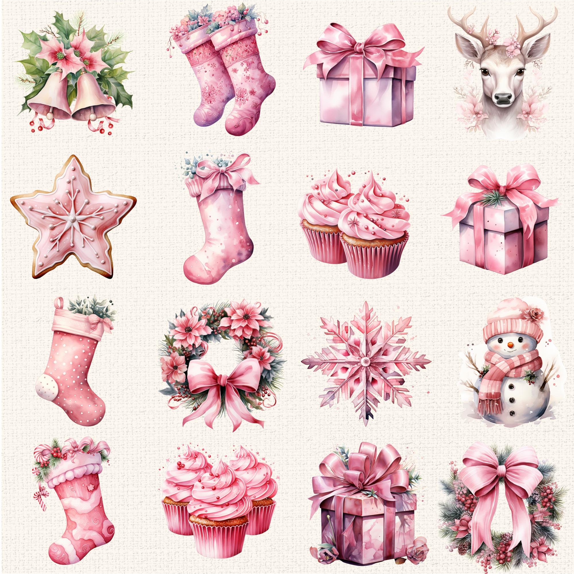 44 Watercolor Pink Christmas Clipart, Winter Graphics, Christmas Winter ...