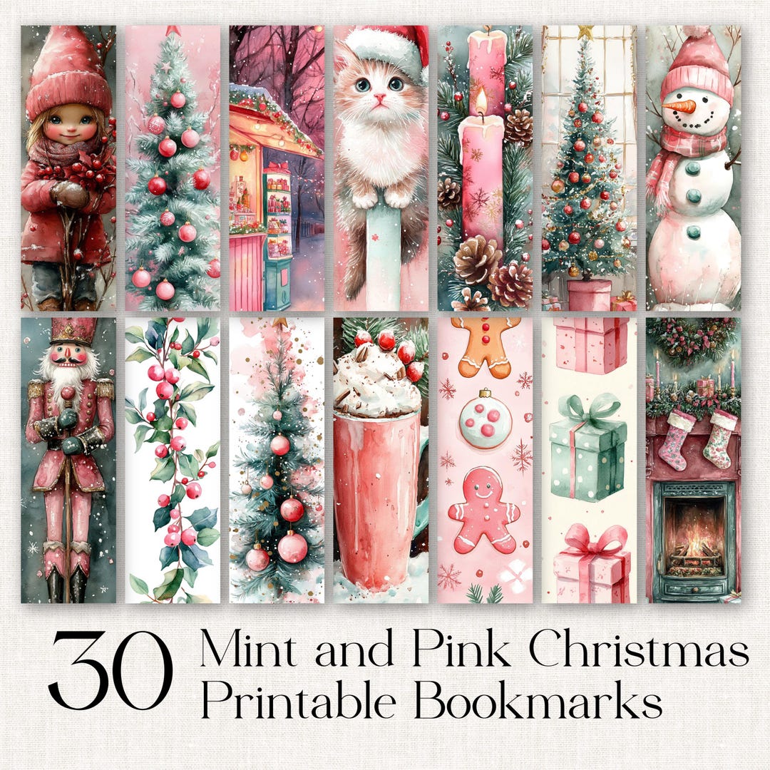 30 Mint and Pink Watercolor Christmas Printable Bookmark Designs ...