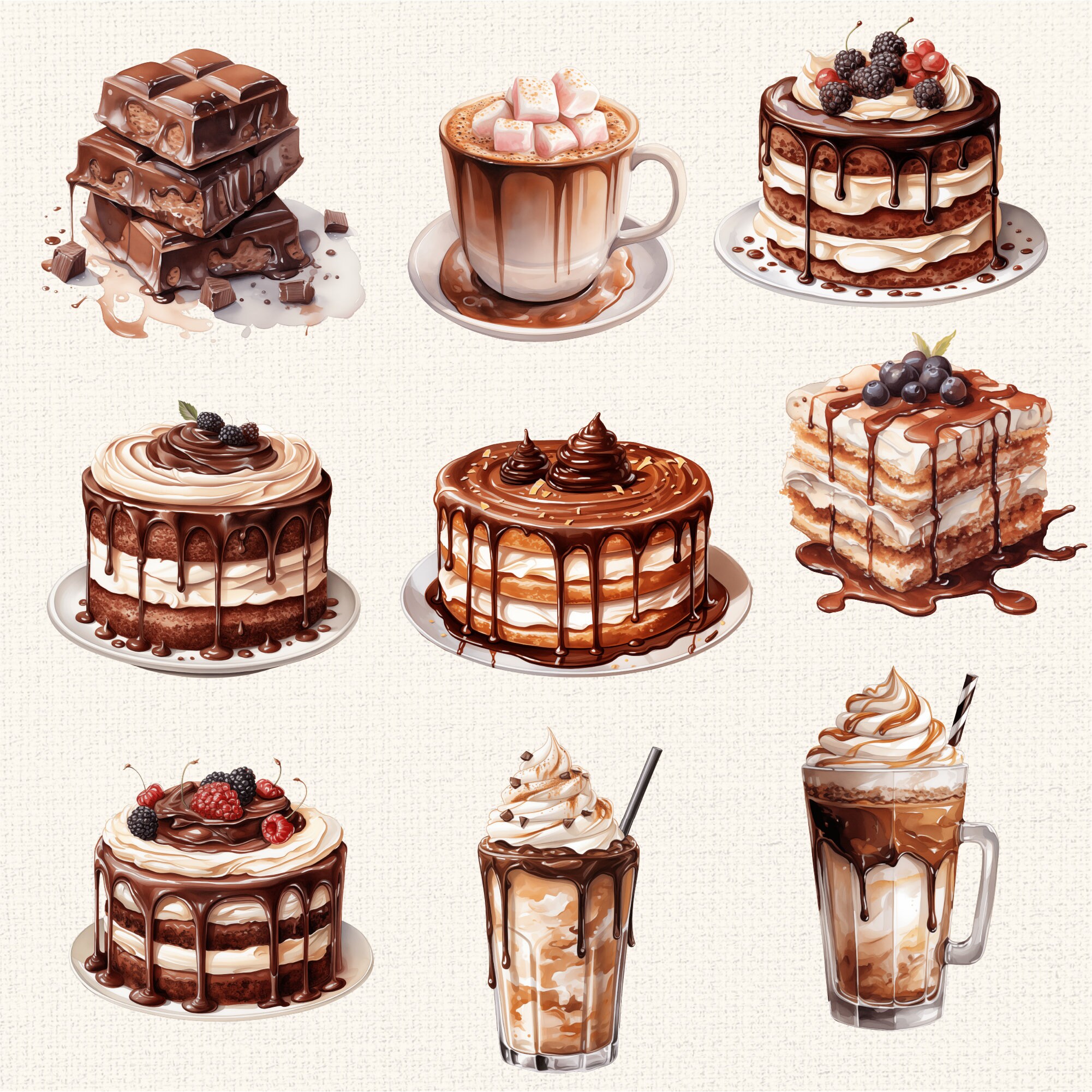 Chocolate Desserts Clipart, Watercolor Chocolate Cake PNG, Watercolor ...