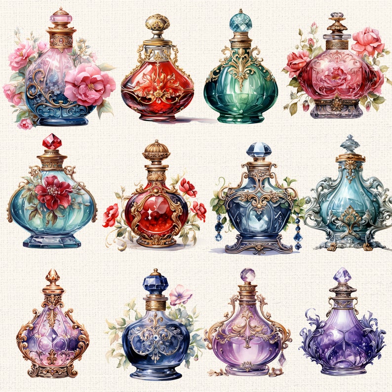 55 Watercolor Antique Perfume Bottles Clip Art, Victorian Clipart ...