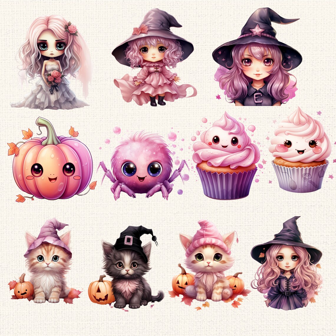 78 Watercolor Cute Pink Halloween Clip Art Set, Scary Halloween ...