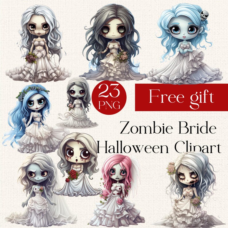 23 Watercolor Halloween Zombie Bride Clip Art Set, Scary Halloween Clip ...