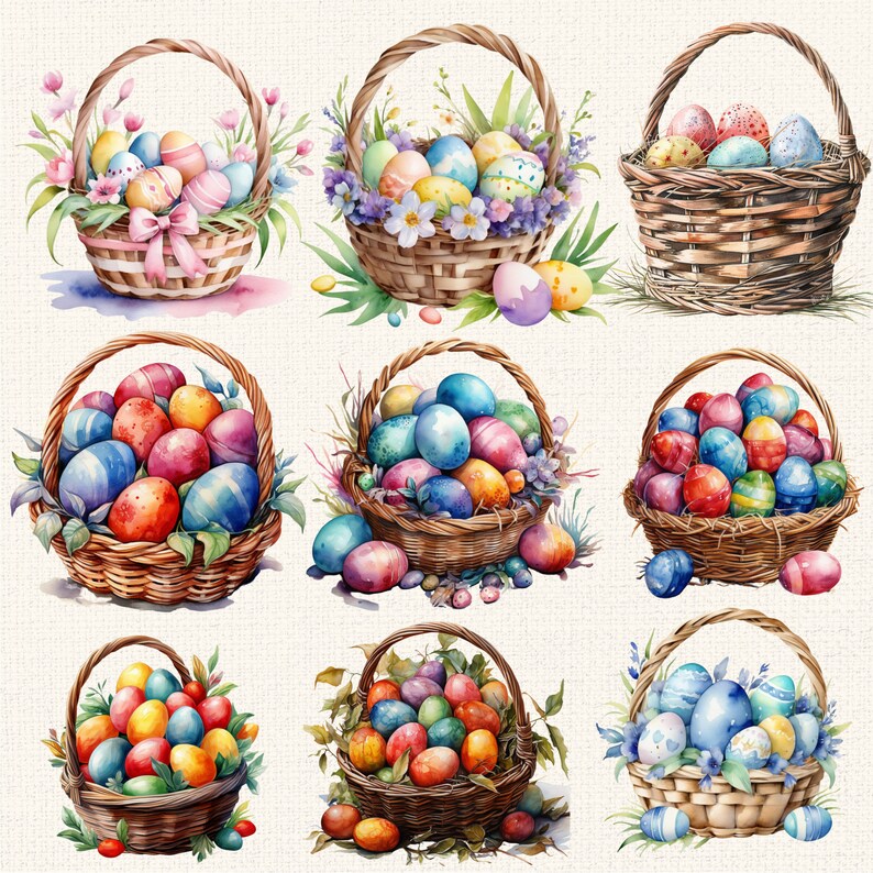 36 Watercolor Easter Baskets Clipart, Easter Clipart, Watercolor Easter ...