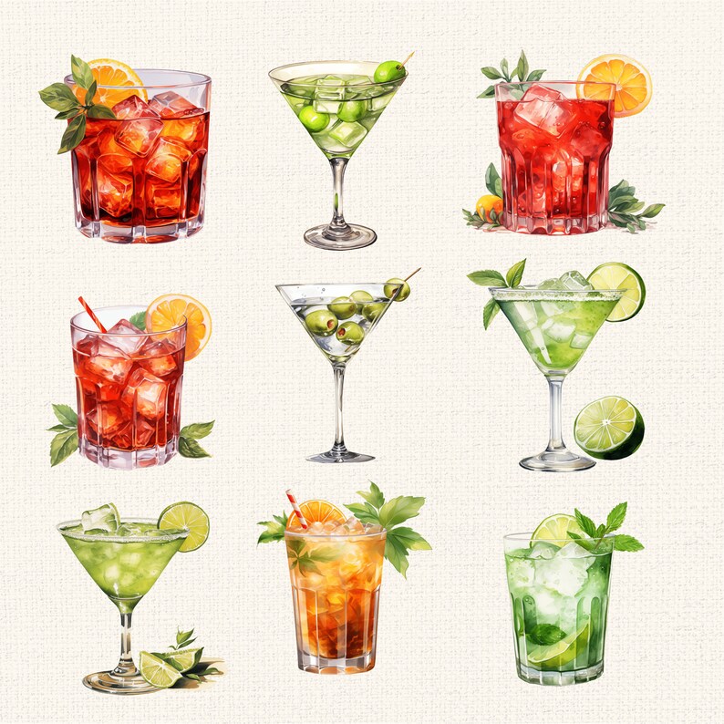50 Watercolor Cocktail Cliparts, Alcohol Illustrations, Soft Drinks ...