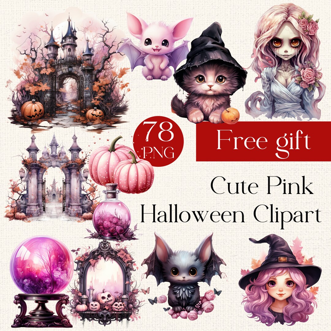 78 Watercolor Cute Pink Halloween Clip Art Set, Scary Halloween ...