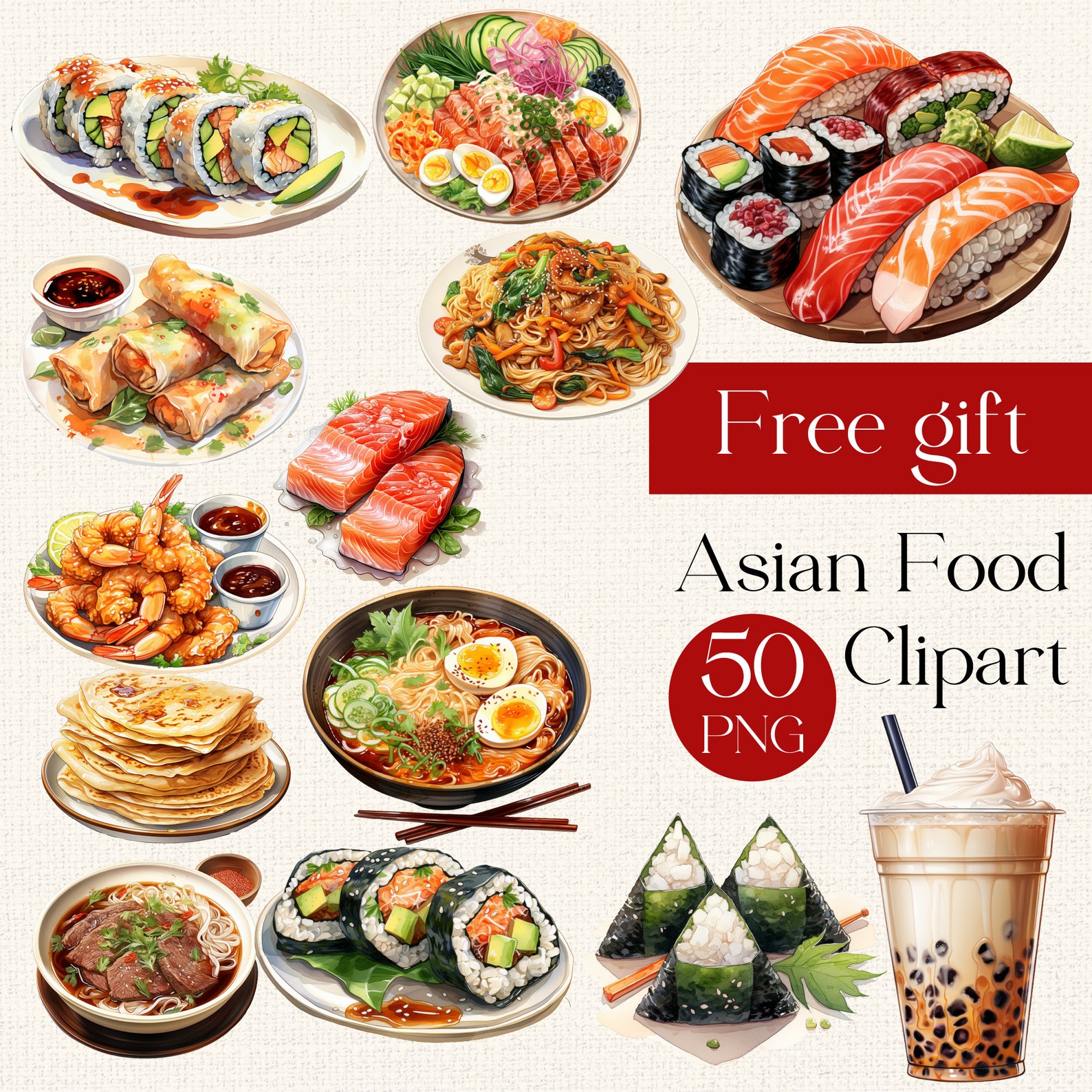 50 Watercolor Asian Food Clipart, Scrapbook, Junk Journal, Asian Food ...