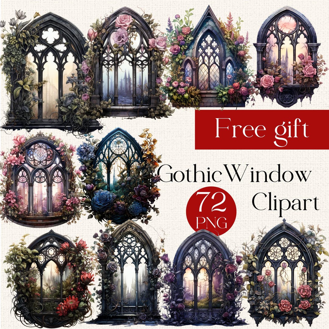 72 Watercolor Flower Gothic Window Clip Art Set, Scary Halloween Clip ...