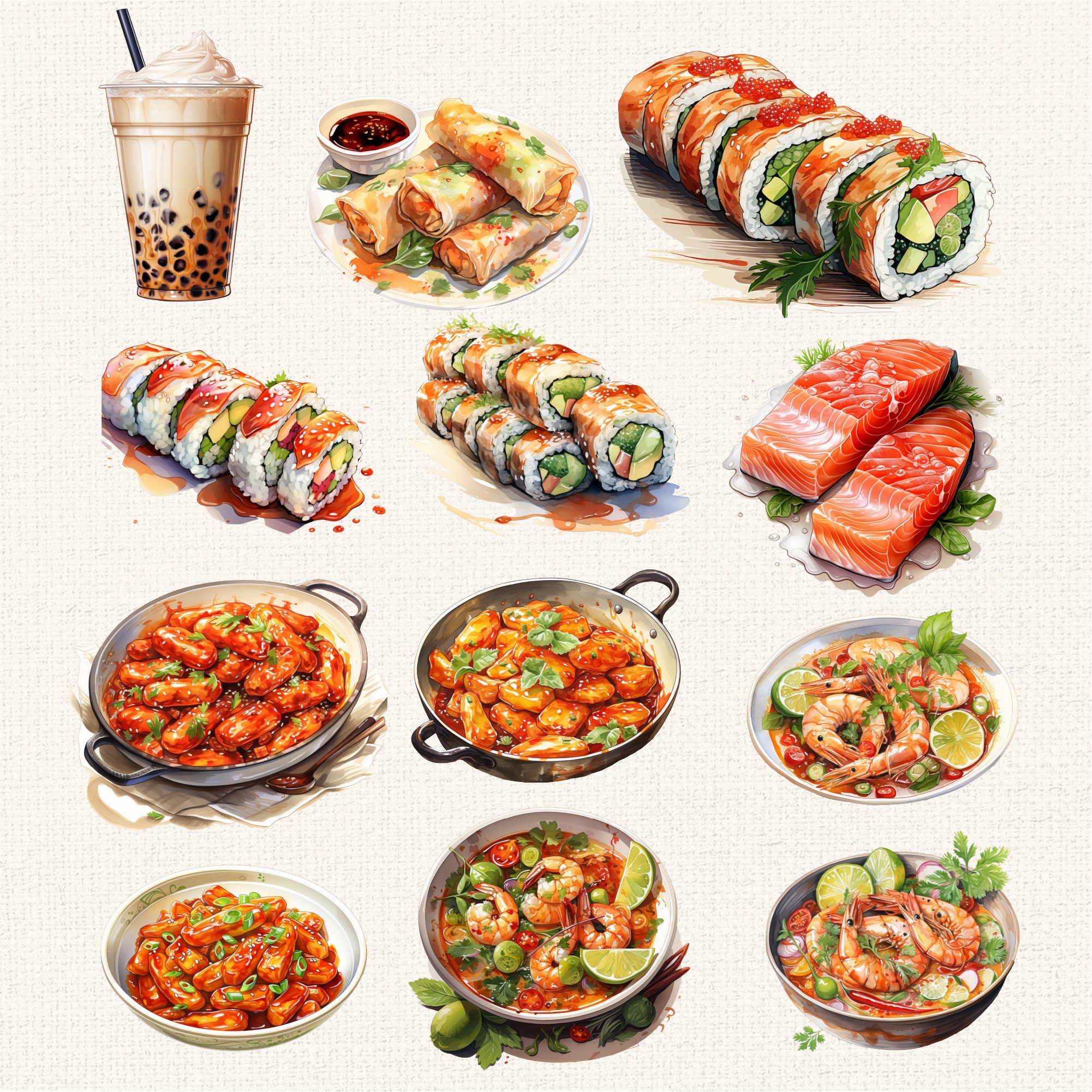 50 Watercolor Asian Food Clipart, Scrapbook, Junk Journal, Asian Food ...