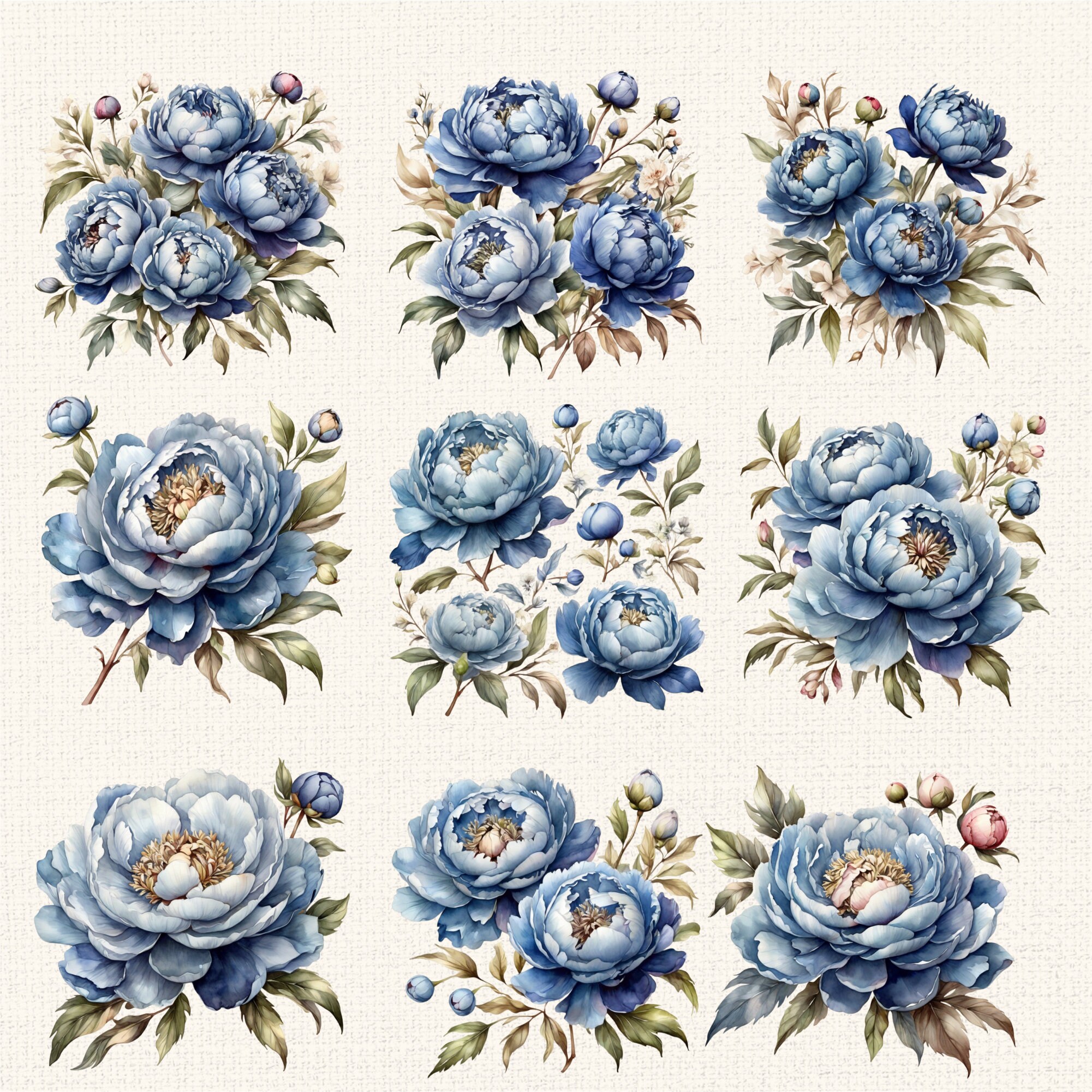 28 Blue Peonies Watercolor Clipart, Peonies Bouquet PNG, Watercolor ...