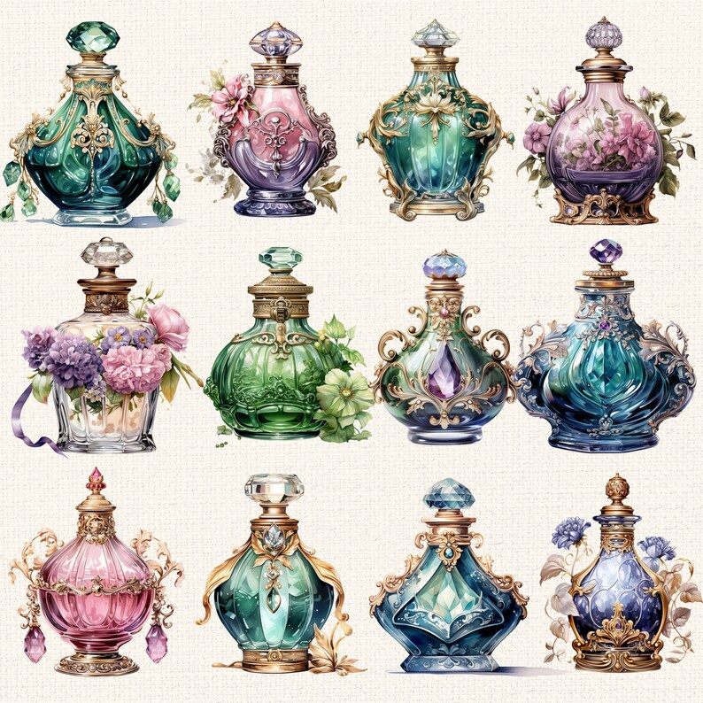 55 Watercolor Antique Perfume Bottles Clip Art, Victorian Clipart ...