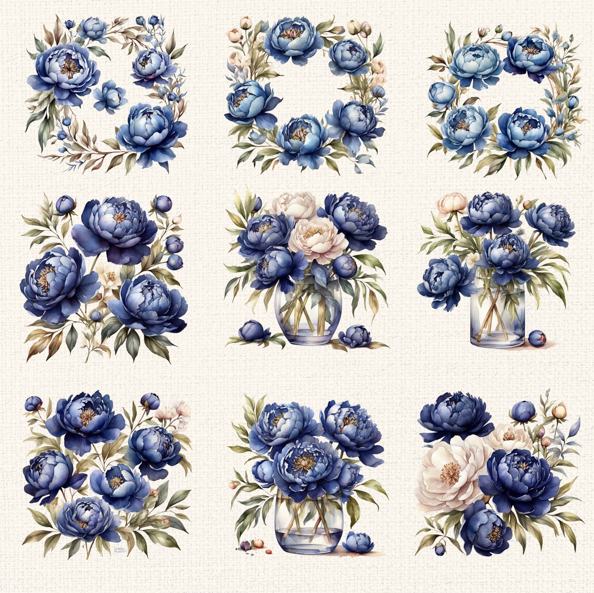 28 Blue Peonies Watercolor Clipart, Peonies Bouquet PNG, Watercolor ...