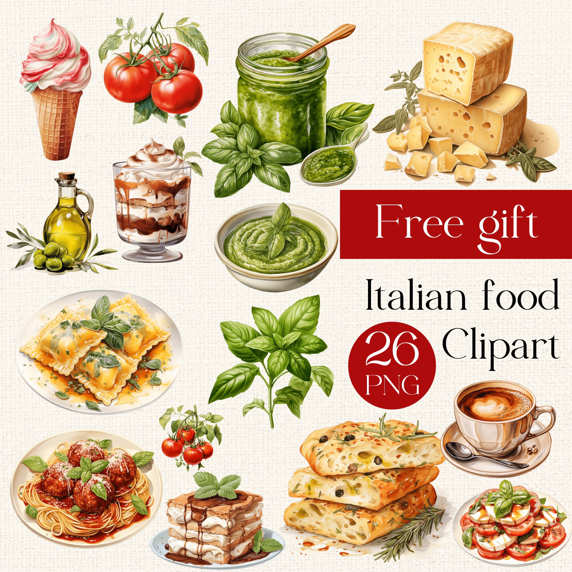 26 Watercolor Italian Food Clipart, Scrapbook, Junk Journal, Italian ...
