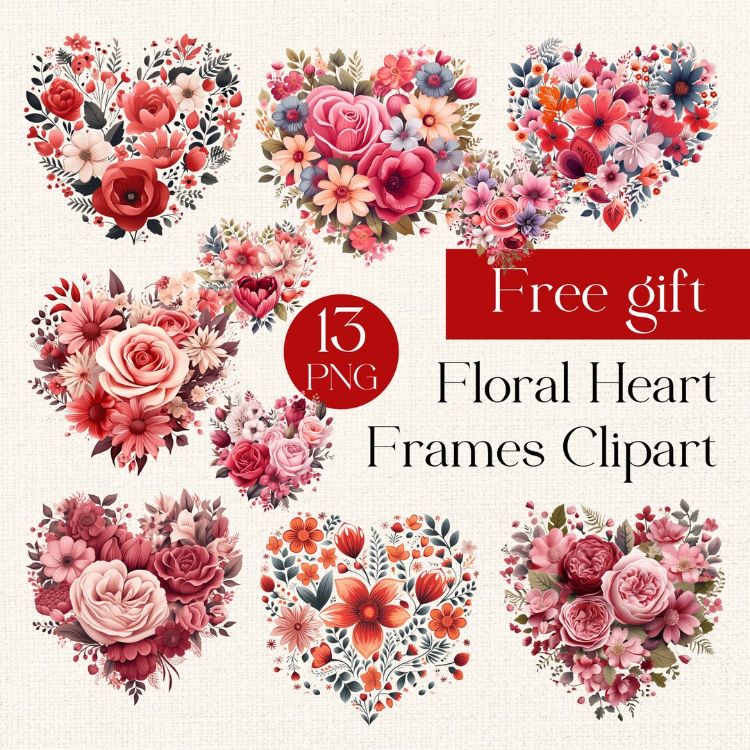 Floral Hearts Clipart, Floral Heart Valentine Illustration, Digital ...