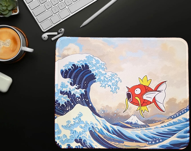 MAGIKARP on the Great Wave off Kanagawa Mousepad, Mouse Pad, Pikachu, Cute, Kawaii, Desk Mat ...