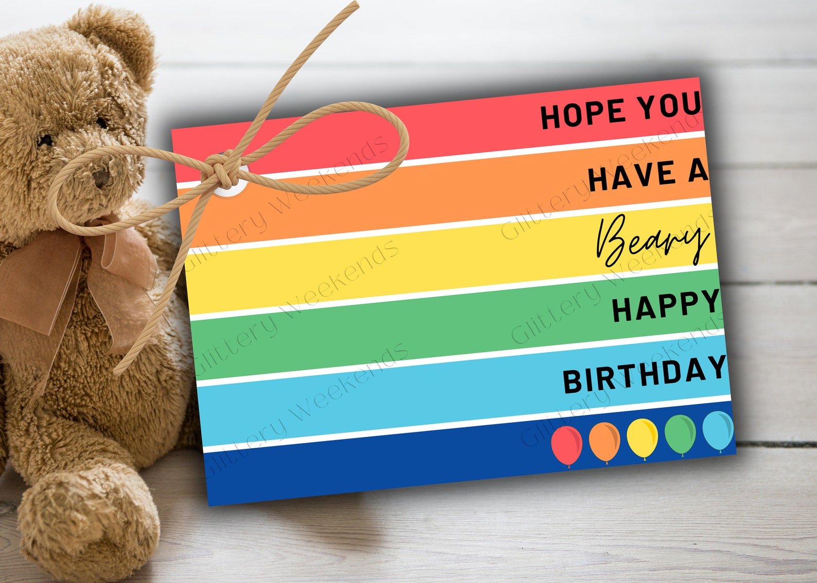 Printable Teddy Bear Birthday Tag, Instant Download Bear Birthday Gift ...