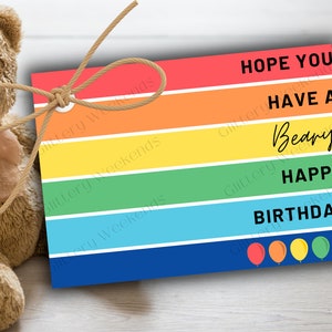 Printable Teddy Bear Birthday Tag, Instant Download Bear Birthday Gift ...