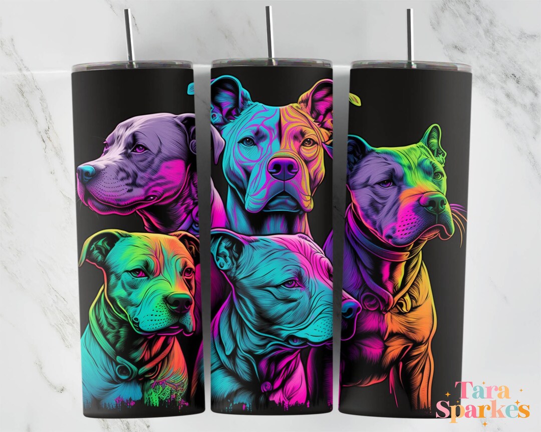 Neon Rainbow Pitbulls Glow in the Dark Tumbler, 20 Oz Skinny Tumbler ...