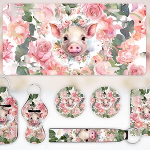 Pig With Watercolor Flowers Sublimation Template Bundle, Key Fob ...
