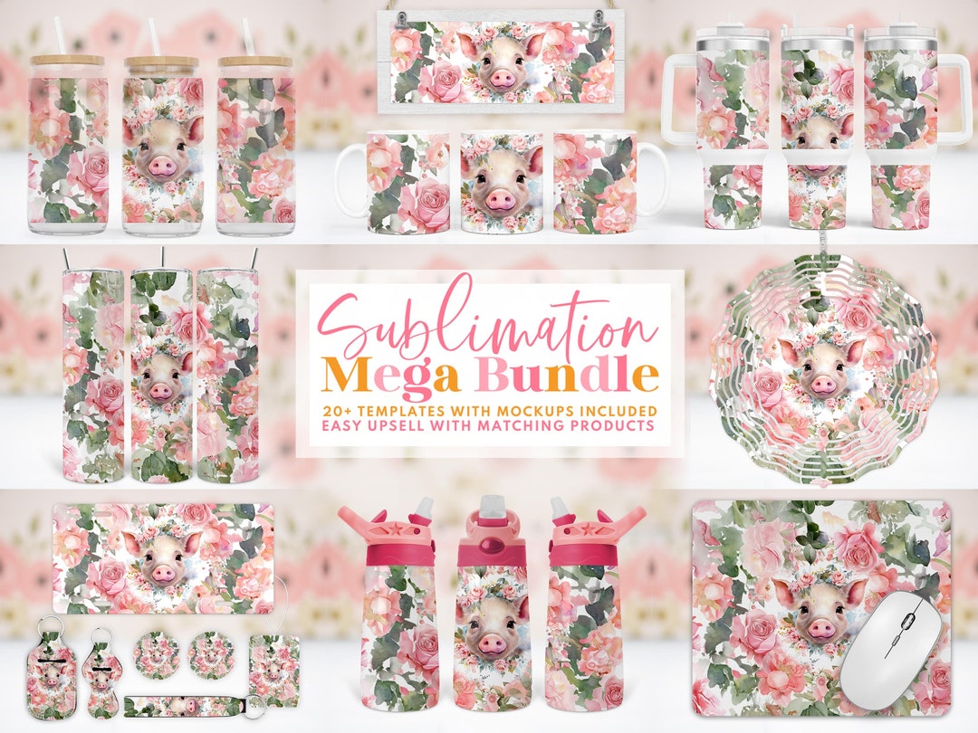 Pig With Watercolor Flowers Sublimation Template Bundle, Key Fob ...