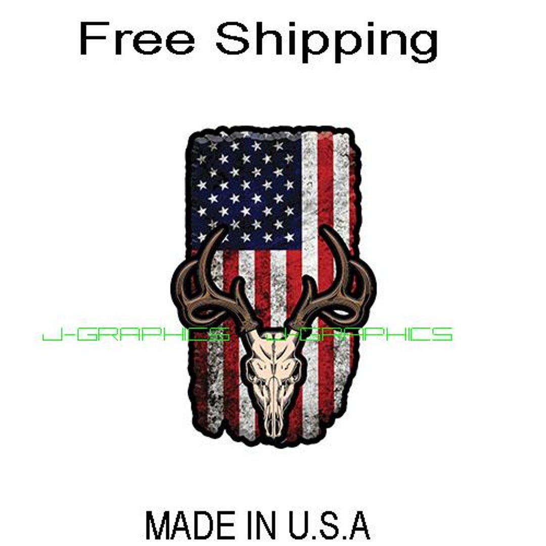 Deer Buck Skull Distressed American Flag Sticker Decal Hunt Hunting USA ...