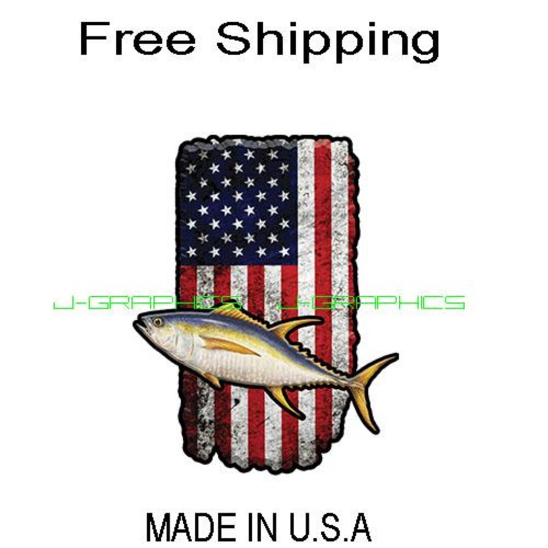 Yellowfin Tuna Fish American Flag Sticker Decal Fishing Boat Sport USA ...