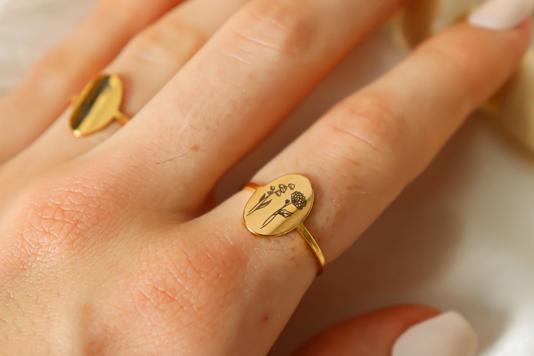 18K Gold Birth Month Flower Ring, Handmade Custom Ring, Gift for Plant ...