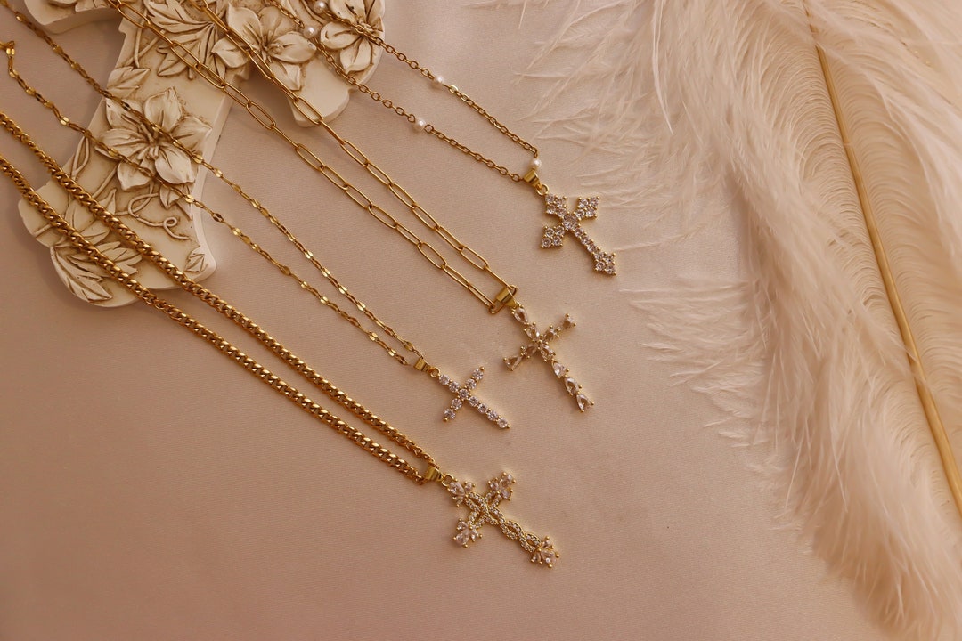 Cross Necklace Stainless Steel WATERPROOF Jewelry Gold Religious Cross ...