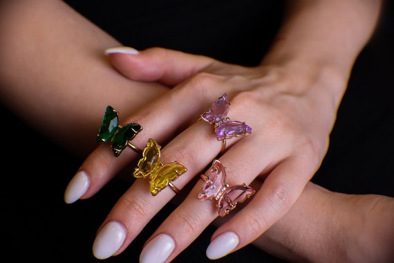 Glass Butterfly Ring Adjustable Butterfly Ring 3D Colorful Butterfly Ring Crystal Butterfly Rings for Her Large Butterfly Ring Etsy