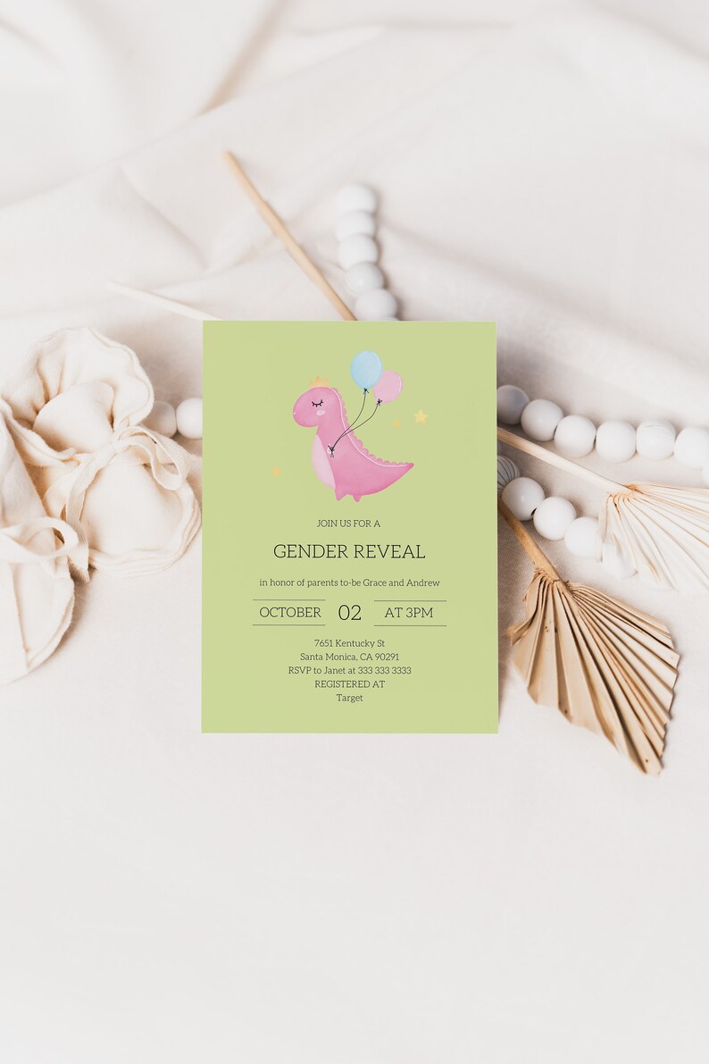 Dinosaur Gender Reveal Invitation, Editable Template, Gender Neutral ...