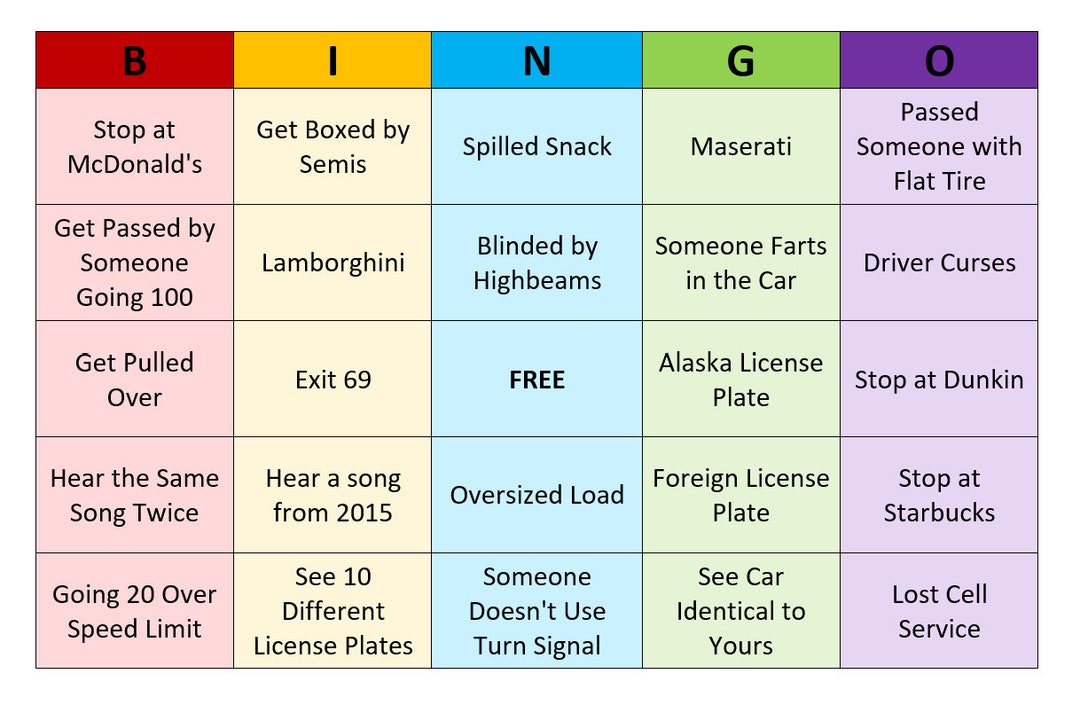 Adult Road Trip BINGO - 50 Unique Colorful Cards - Etsy