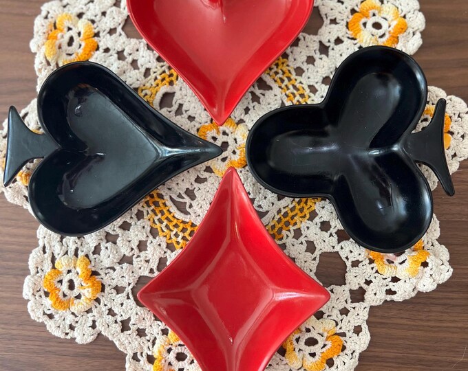 Set of 4 Playing Card Suit Red & Black Ceramic Snack Trays/bowls ...