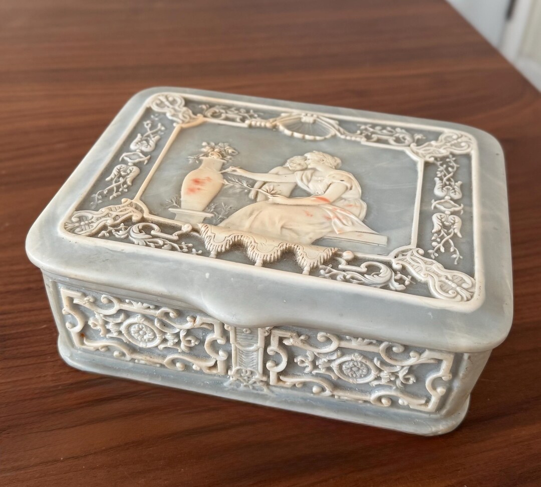Victorian Style Ornate Blue Gray White Incolay Stone Jewelry Box Mother ...