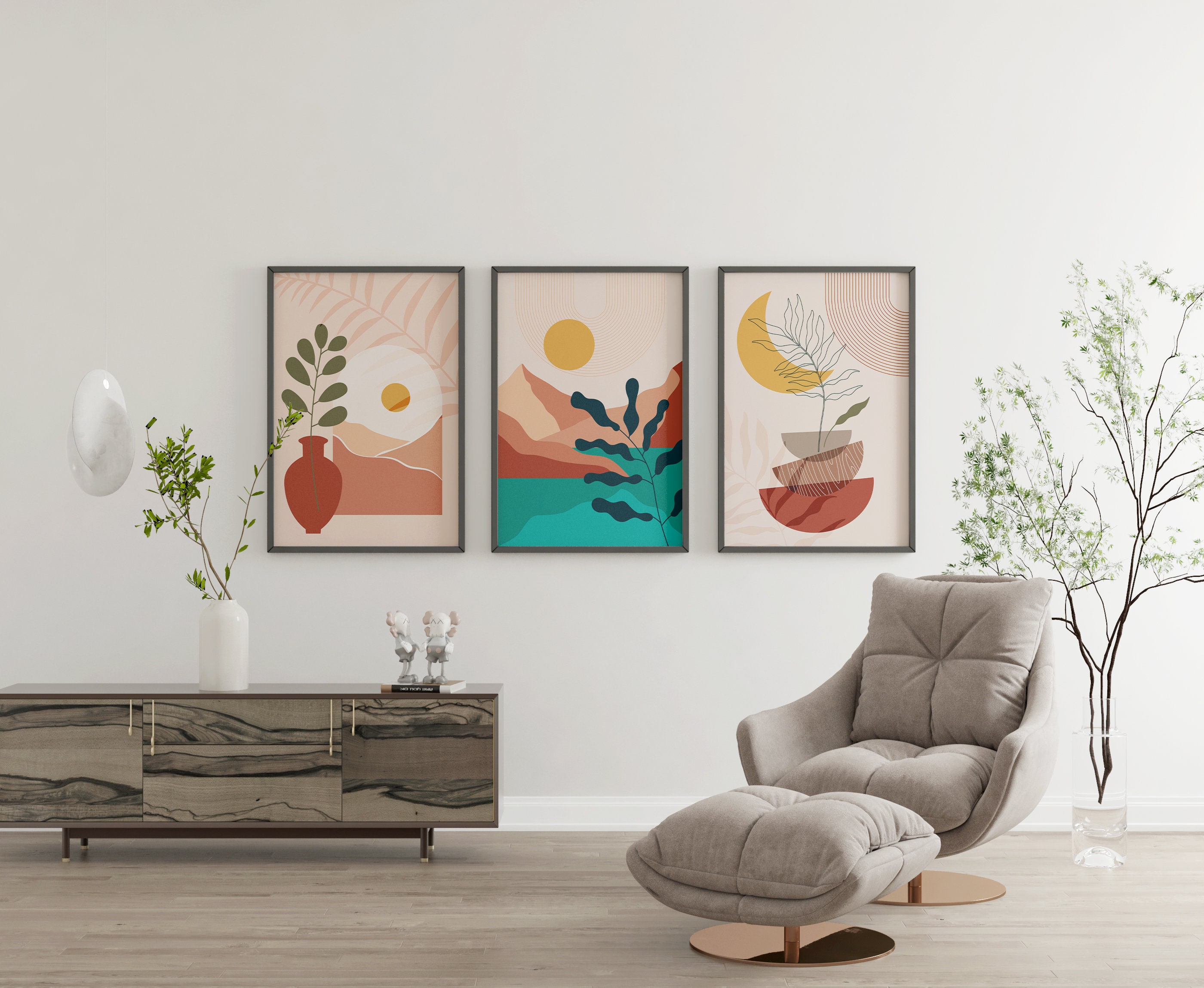 Mid Century Art Set of 3 Prints, Boho Art Print Set, Terracotta Sun and ...