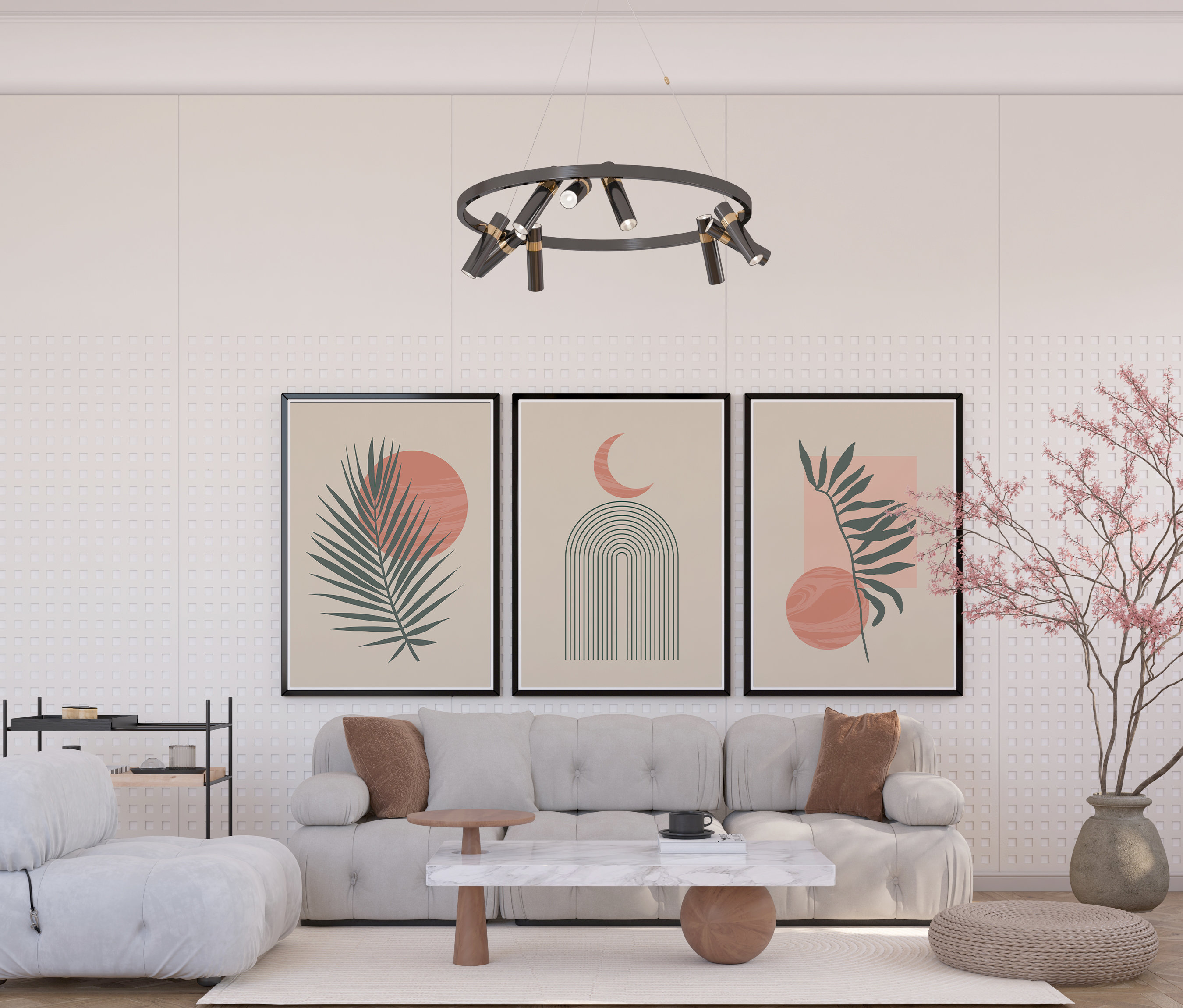 Mid Century Art Set of 3 Prints, Boho Geometric Art Print Set, Sun and ...