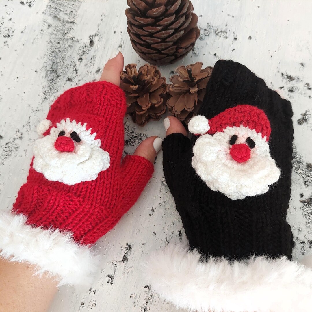 Santa Claus Embroidered Fingerless Gloves, Plush Wristband Glove ...