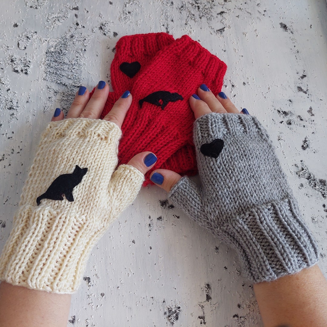 Fingerless Gloves With Cat, Kitty Mittens, Cosy and Soft Wrist Warmers ...