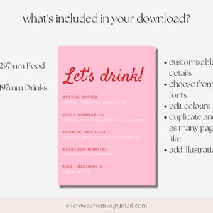 Food and Drinks Menu Template in Pink & Red | Hen and Bachelorette ...