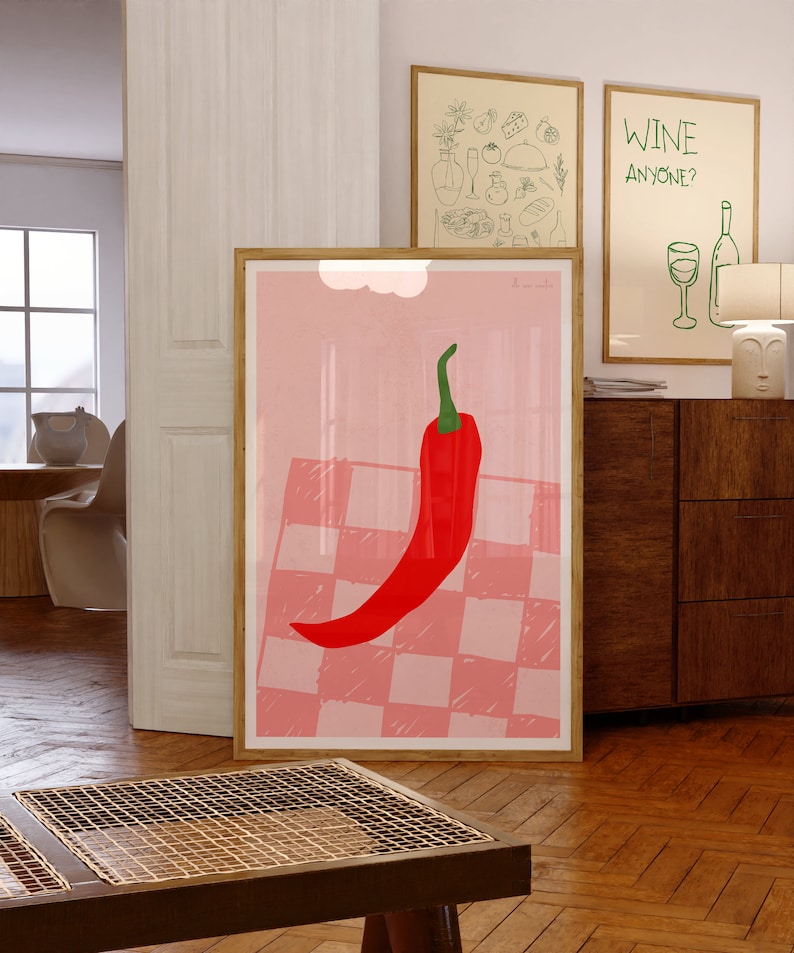 Kitchen Print Red Chilli Illustration Digital Print Wall Art | Pink and ...