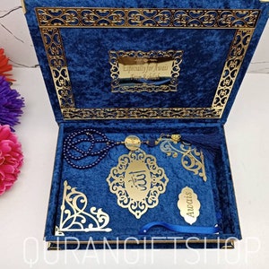 Blue Quran Gift Set, Personalized Quran With Velvet Box and Tasbih Set ...