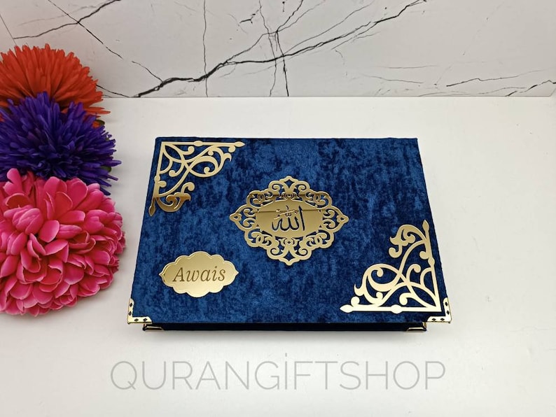Blue Quran Gift Set, Personalized Quran With Velvet Box and Tasbih Set ...