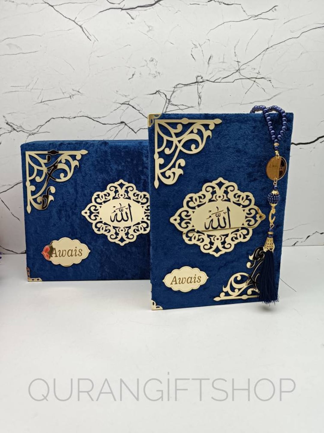 Blue Quran Gift Set, Personalized Quran With Velvet Box and Tasbih Set ...