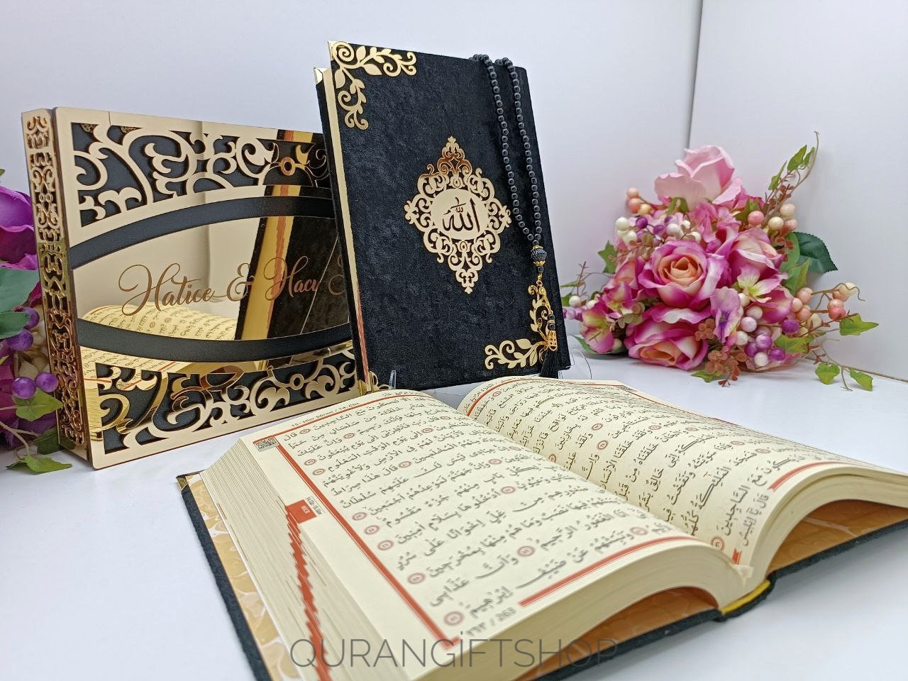 Personalized Quran, Black Quran Set With Gold Mirror Decoration, Free ...