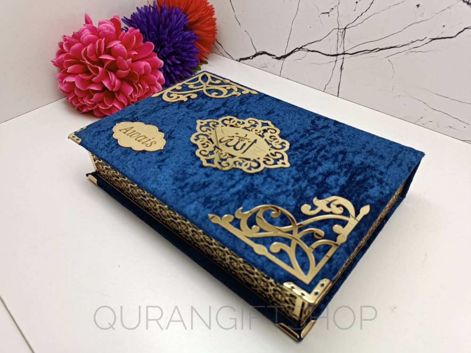Blue Quran Gift Set, Personalized Quran With Velvet Box and Tasbih Set ...