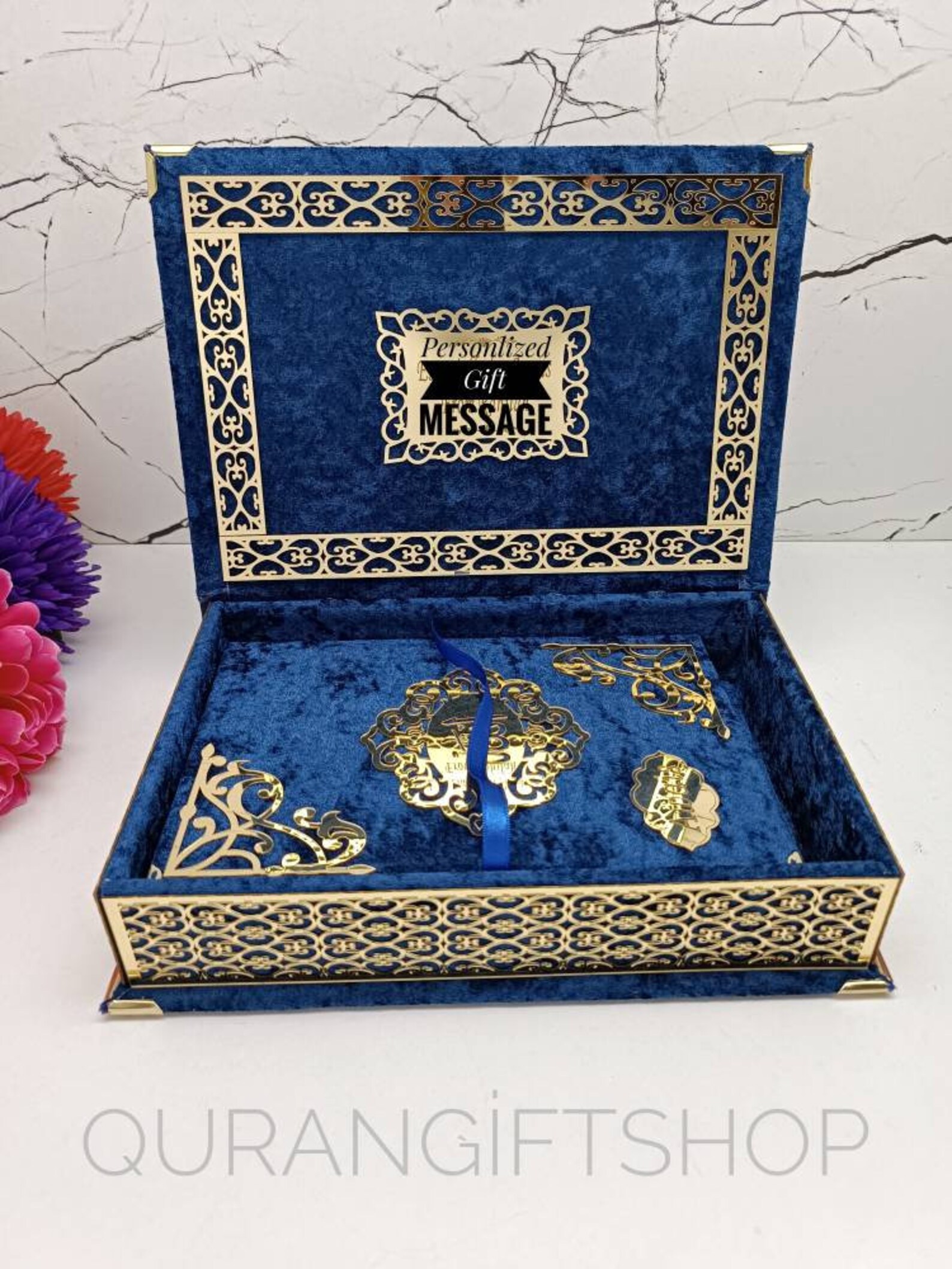 Blue Quran Gift Set, Personalized Quran With Velvet Box and Tasbih Set ...